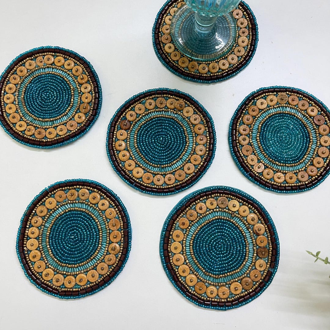 Set of 6 Handmade Teal Beaded Coasters With Wooden Beads, 4.5 Inch - Etsy