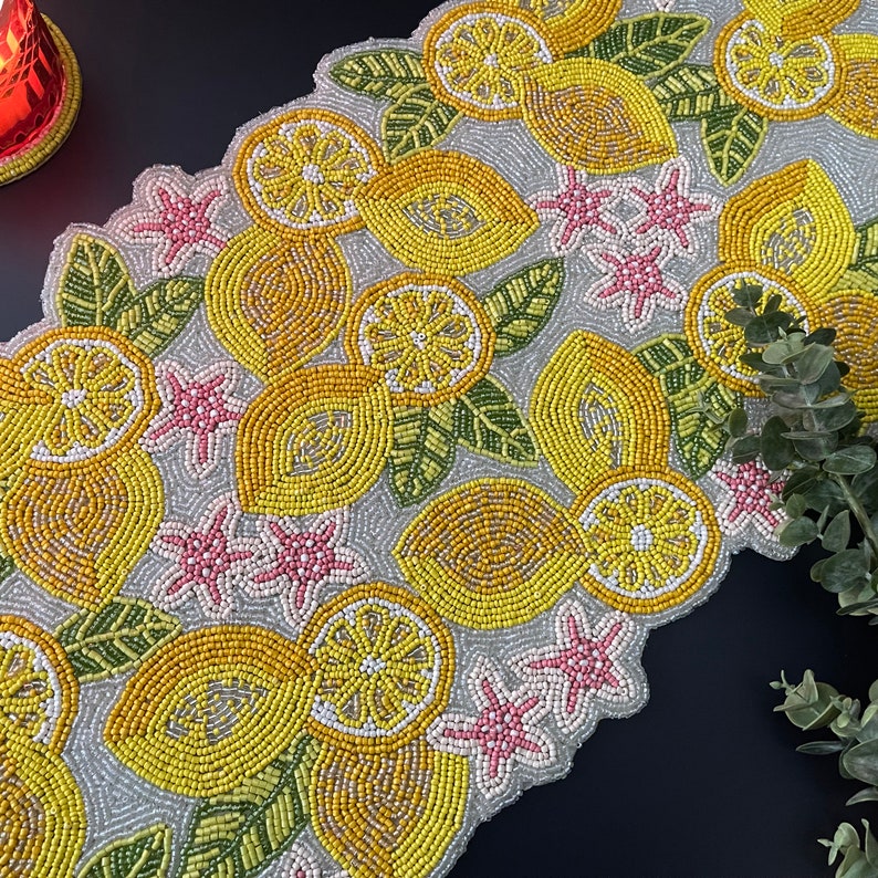 Handmade Table Runner Lemon and Leaves Beaded Runner Floral - Etsy