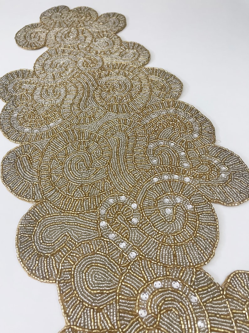 Handmade Table Runner Beaded Table Runner Gold White Runner | Etsy