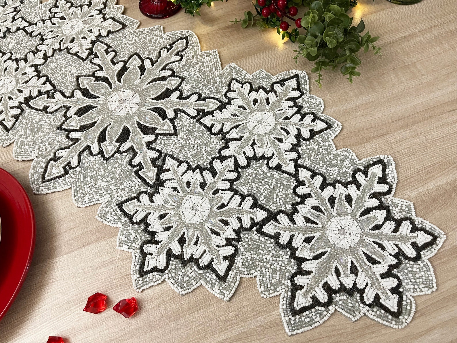 Handmade Bead Table Runner, Christmas Beaded Runner, Snowflakes ...
