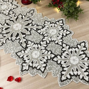 Handmade Bead Table Runner, Christmas Beaded Runner, Snowflakes ...