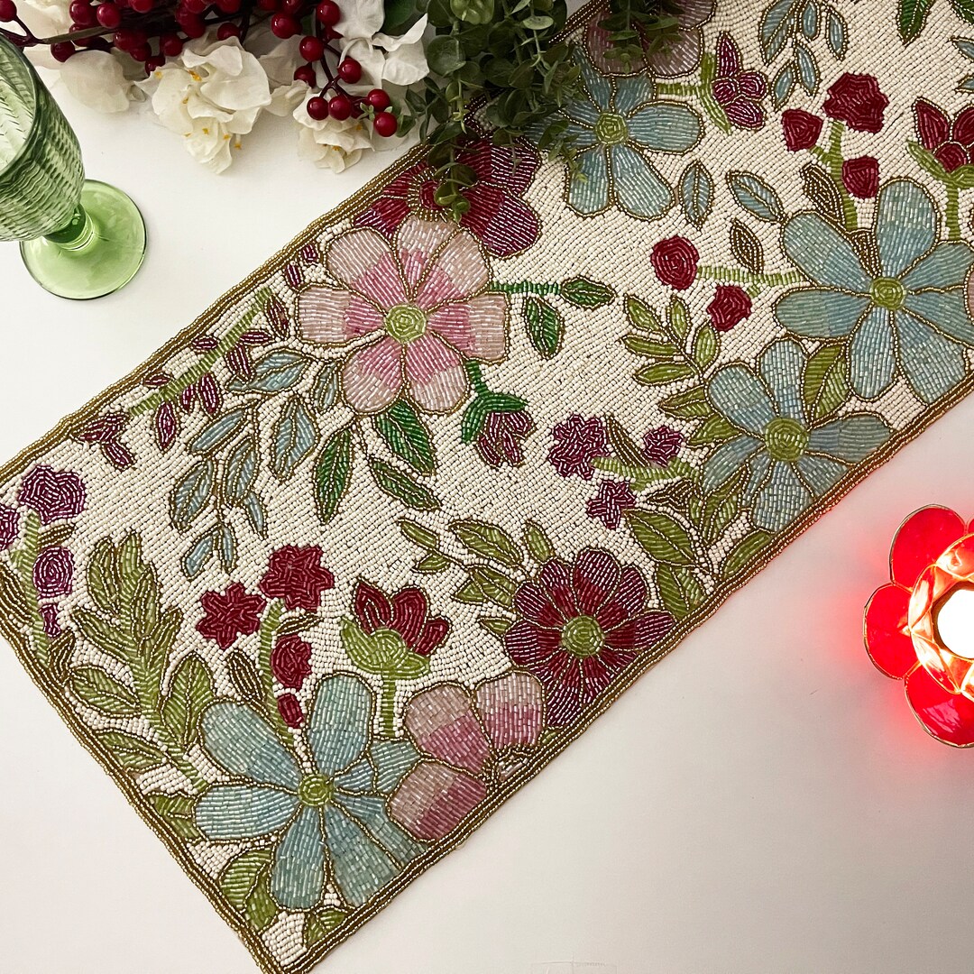 Floral Spring Table Runner, Handmade Beaded, 13x36inch, Multicolour - Etsy