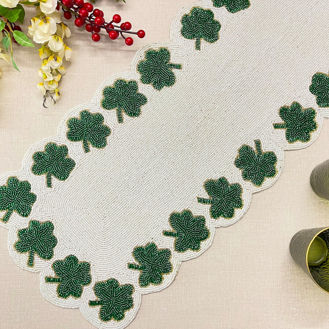 Handmade Table Runner, Clover Leaf / Shamrock Hand Beaded Runner, Green ...