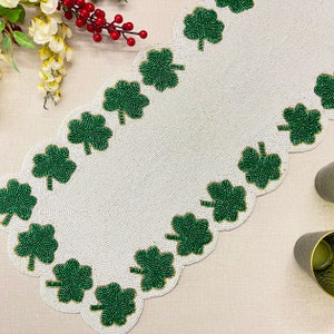 Handmade Table Runner, Clover Leaf / Shamrock Hand Beaded Runner, Green ...