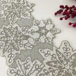 Handmade Bead Table Runner, Christmas Beaded Runner, White Snowflakes ...