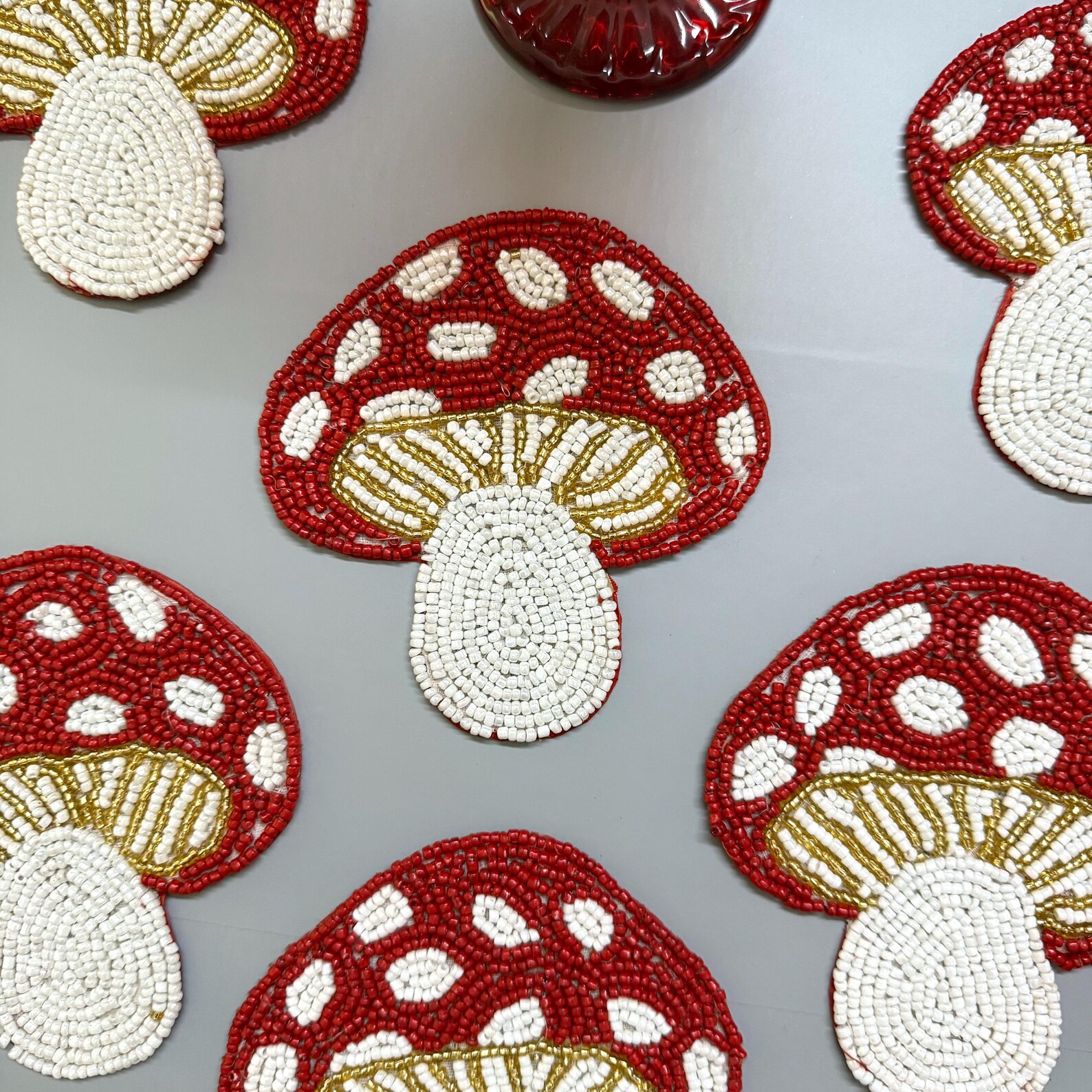 Set of 6, Red Mushroom Drink Coasters, Beaded Coasters, Gift for Her ...