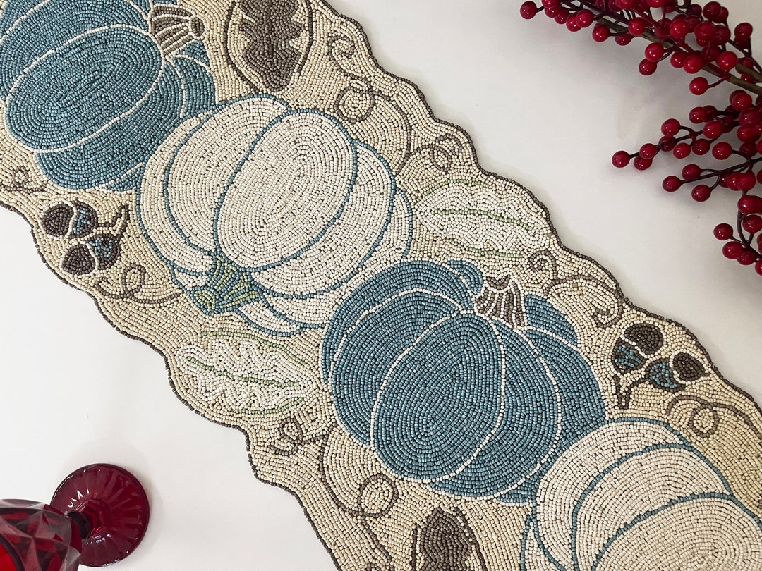 Table Runner Beaded Handmade, Blue White Pumpkin Harvest Runner ...