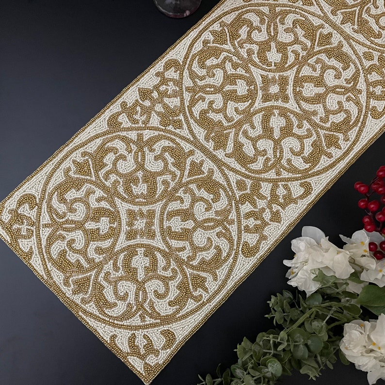 Handmade Bead Table Runner, Geometrical Design, Light Cream and Gold ...