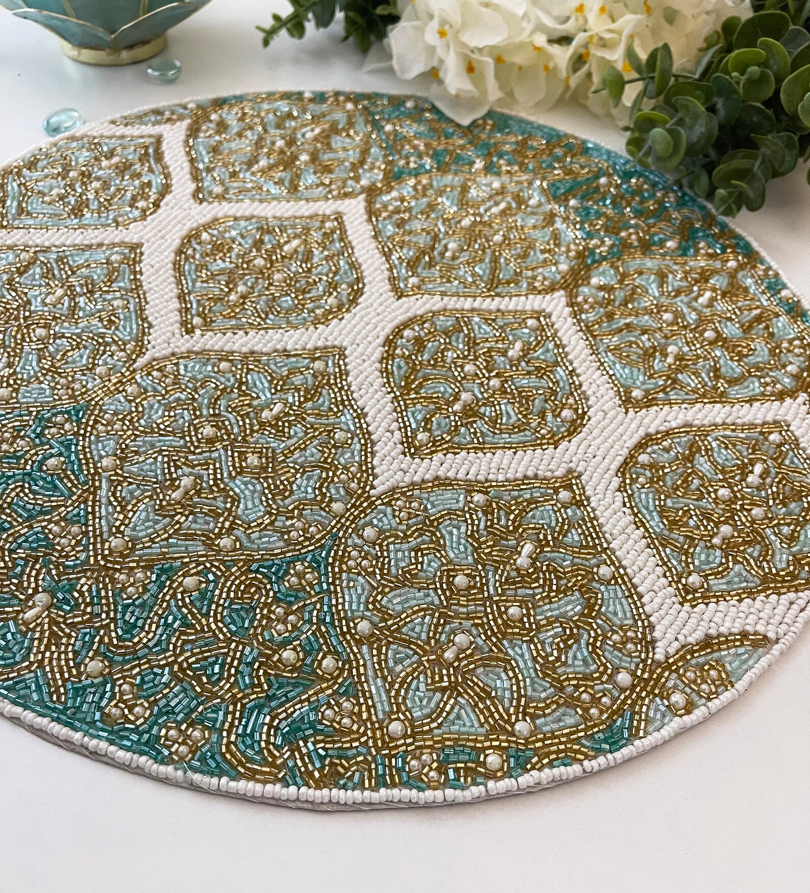 Luxury Handmade Bead Placemat, Table Decoration, Beaded Tablemat, Teal ...