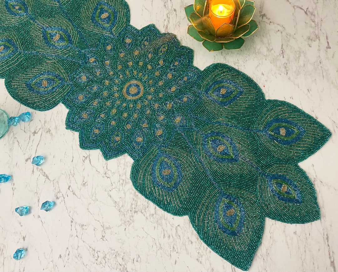 Handmade Bead Table Runner, Peacock Design Beaded Runner 13x36 Inch - Etsy