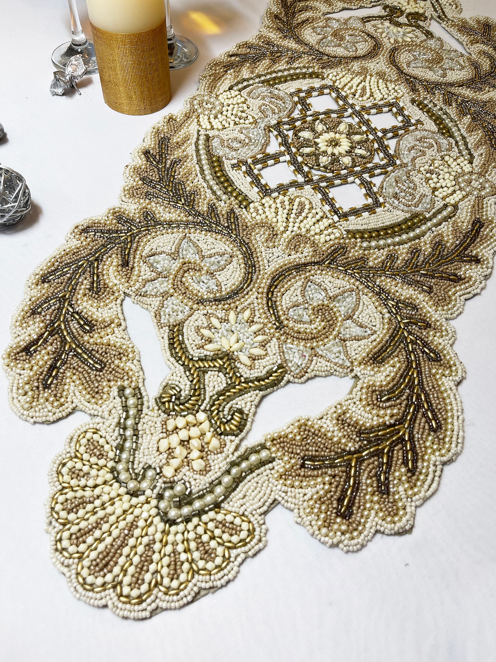 Handmade Table Runner, Beaded Table Runner, Gold & Cream Beads ...