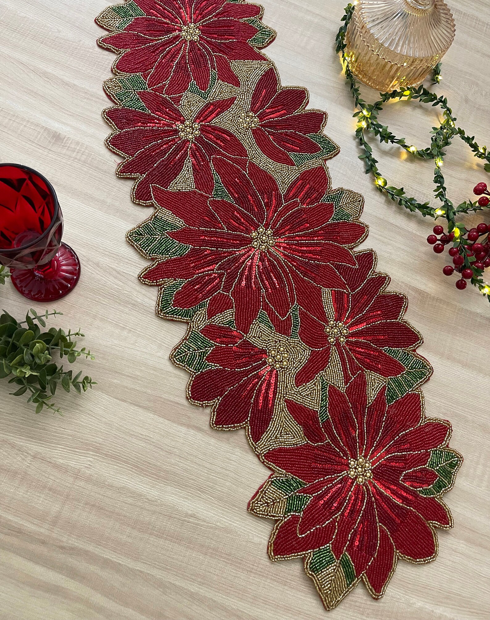 Handmade Christmas Table Runner: Floral Beaded Poinsettia, 13x36 Inch ...