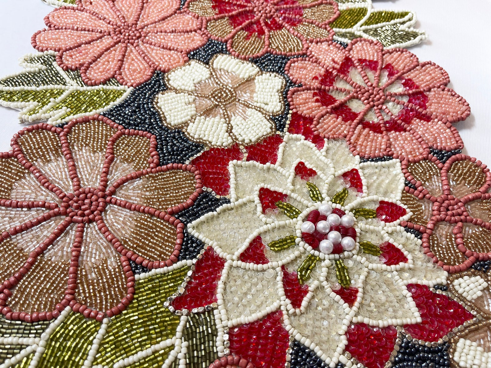Table Runner, Handmade Beaded Spring Runner, Floral, 13x36inch ...