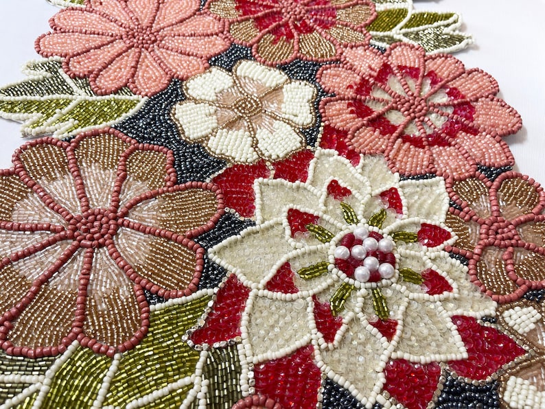 Table Runner, Handmade Beaded Spring Runner, Floral, 13x36inch ...