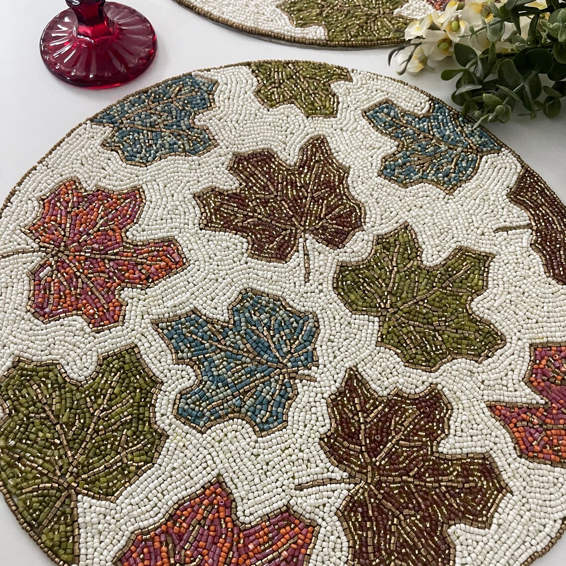 Handmade Beaded Fall Placemat Maple Leaf Tablemat 14 Inch - Etsy