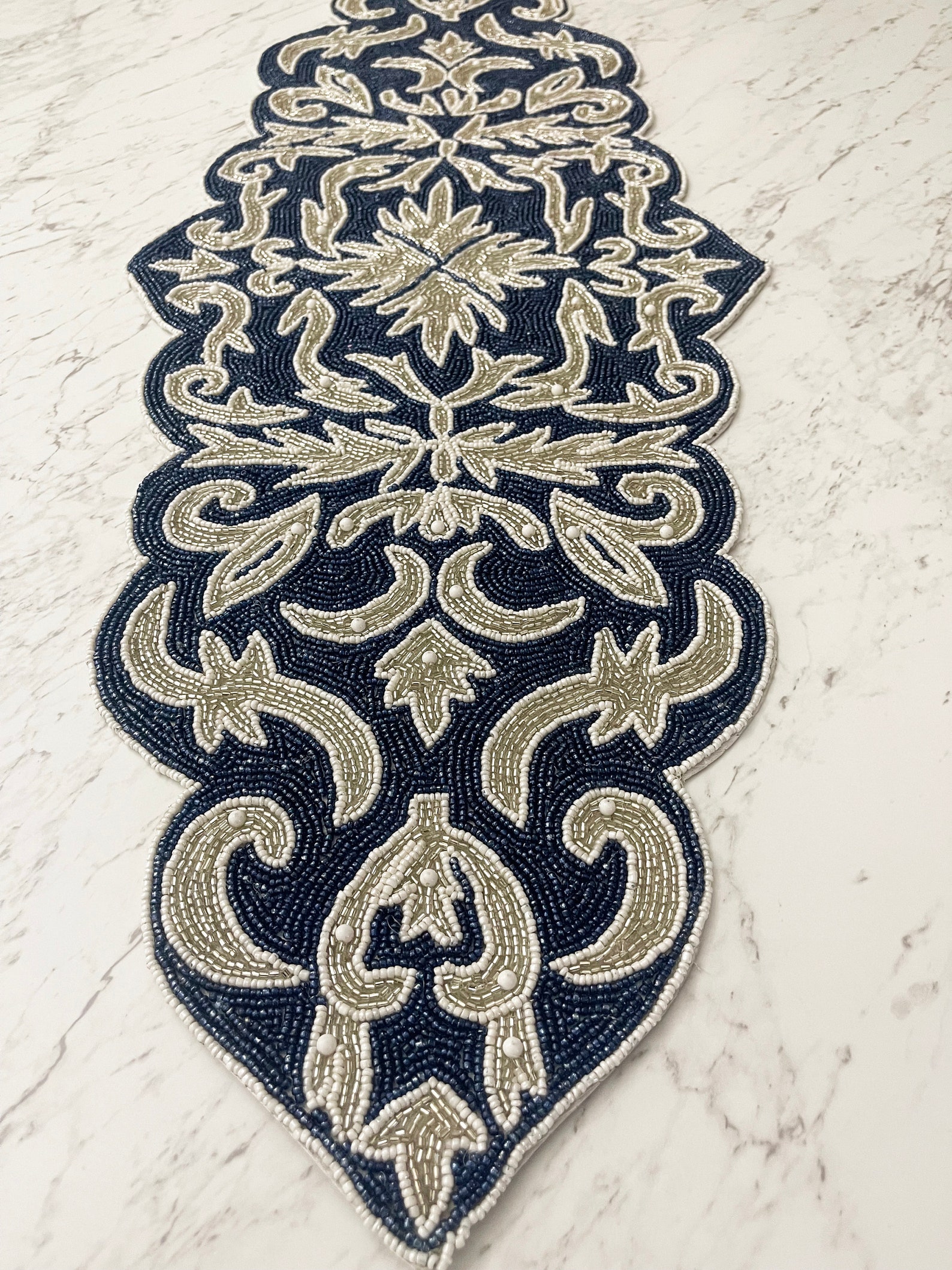 Handmade Bead Table Runner Floral Beaded Navy Blue Silver - Etsy