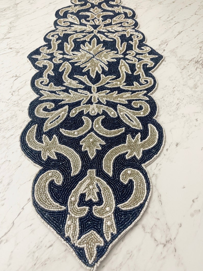 Handmade Bead Table Runner, Floral Beaded Navy Blue Silver Runner ...