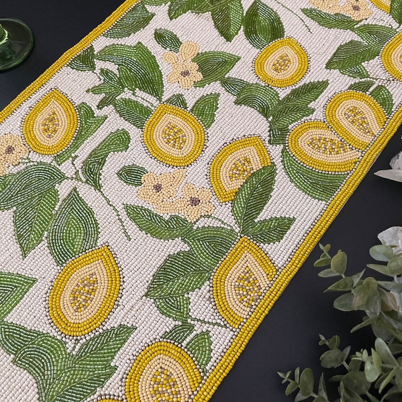 Handmade Table Runner, Lemon and Leaves Beaded Runner Floral ...