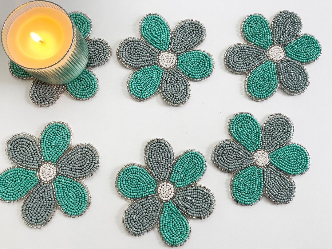 Floral Beaded Coasters (set of 6): Handmade Drink Coasters - Etsy