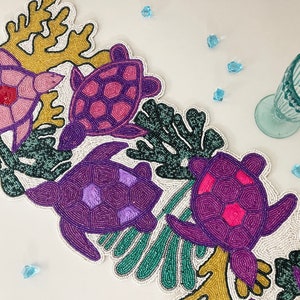 Handmade Bead Table Runner, Coastal, Ocean, Sea Turtle and Coral ...