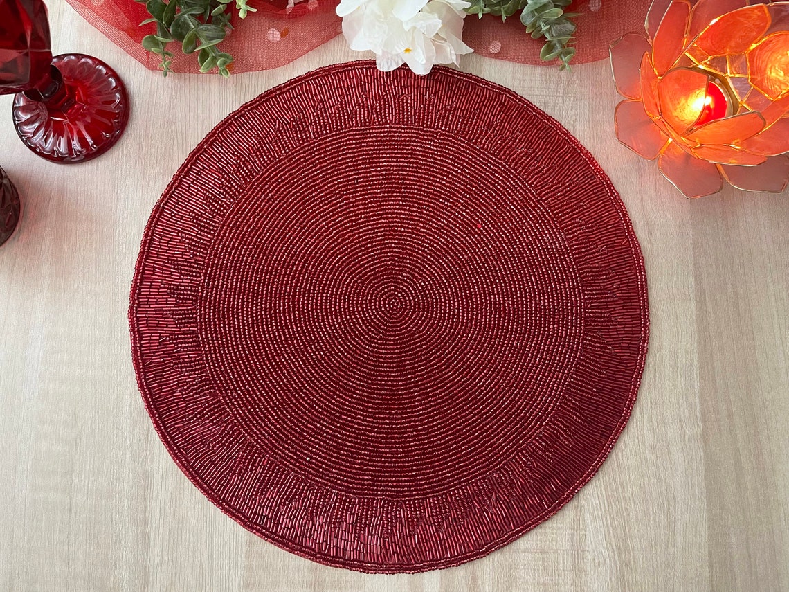 Handmade Beaded Table Mat, Charger Plate, Red Valentine's Day Placemat ...
