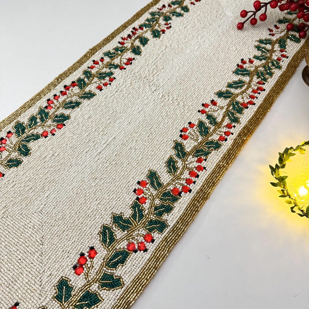 Handmade Christmas Table Runner, Holly Berry Beaded Runner, 13x36inch ...