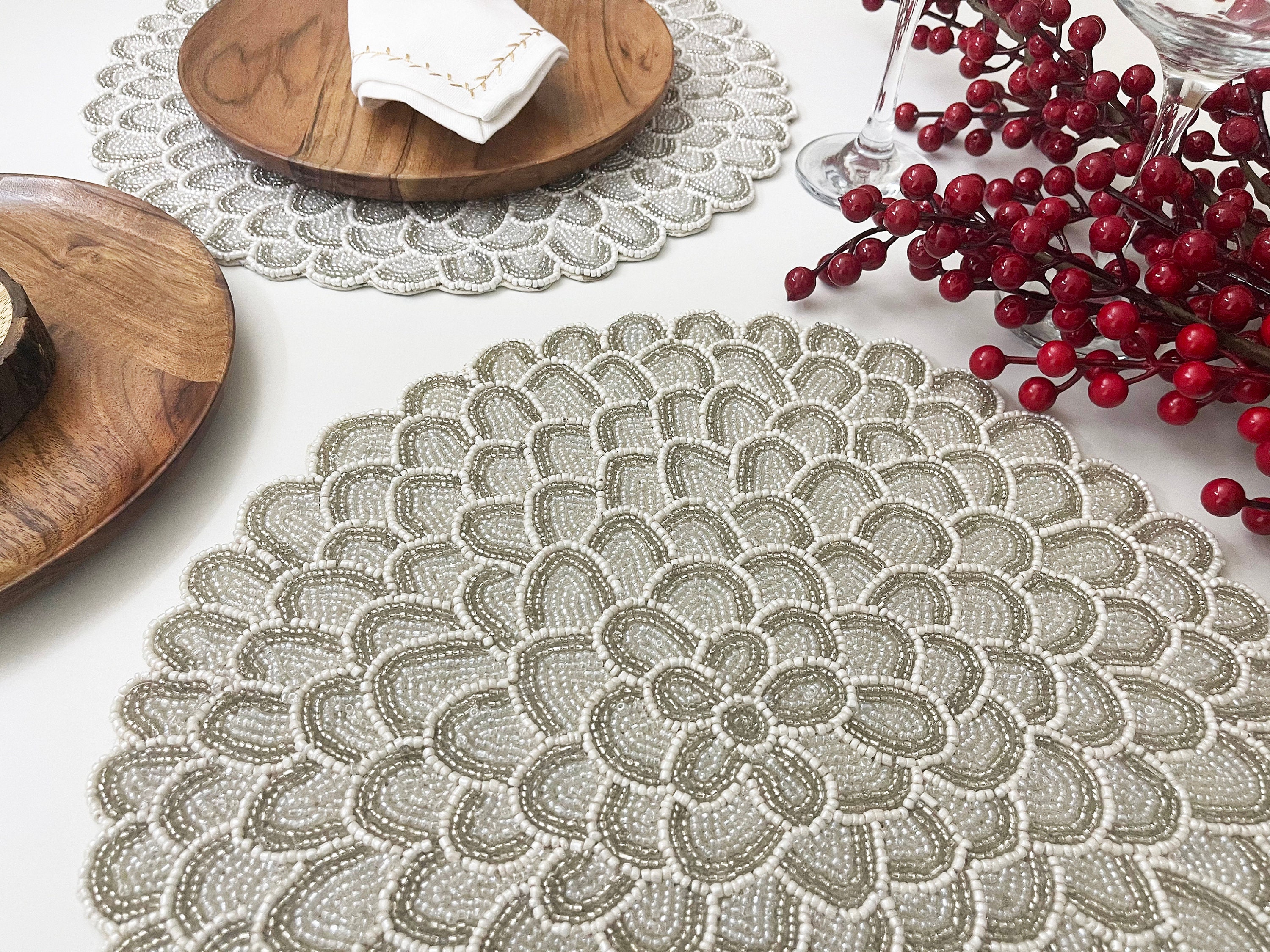 Handmade beaded placemat table mats 14 inch champaign | Etsy