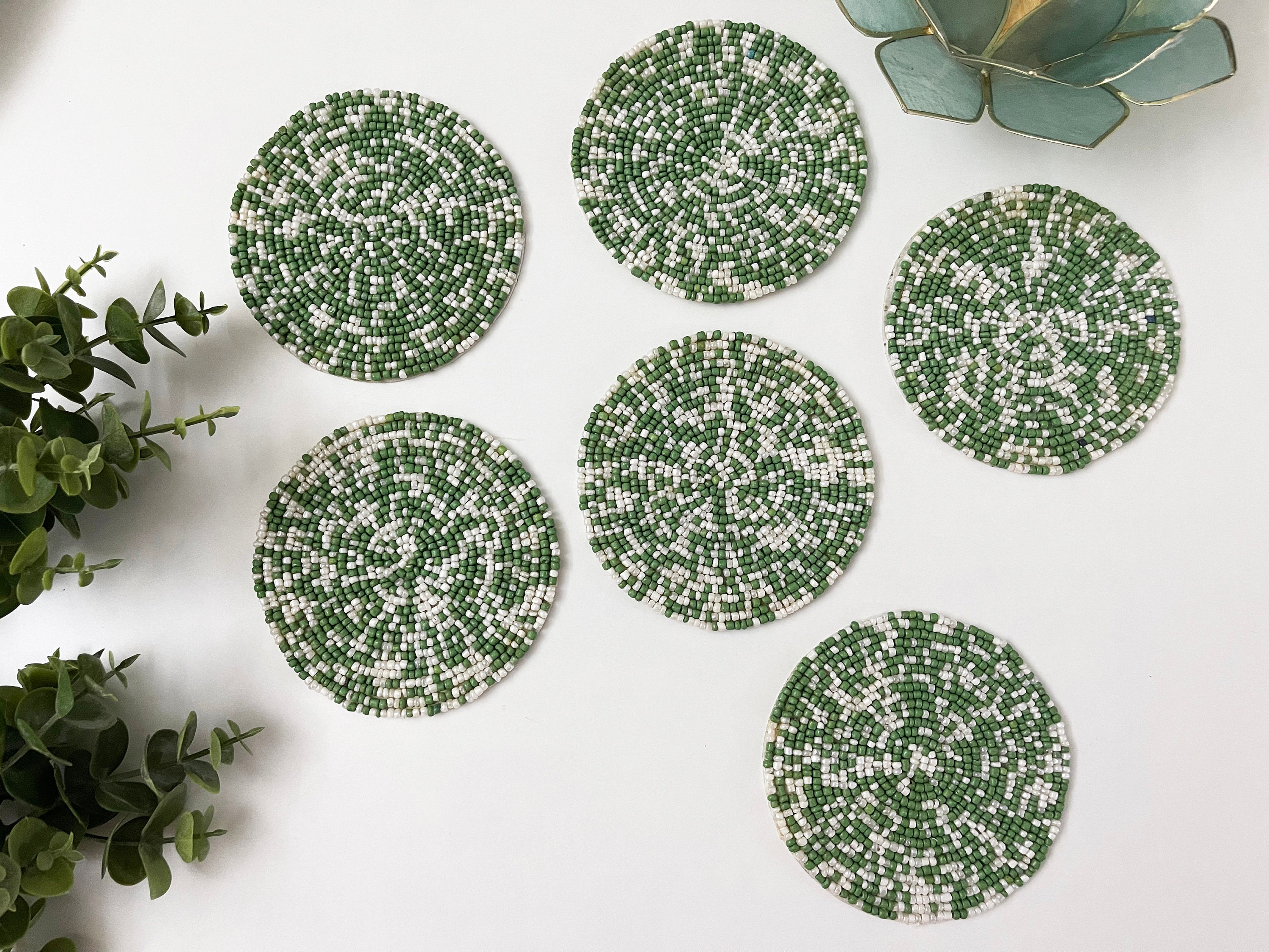 Coasters set of 4/6 drink coasters green and white beaded | Etsy