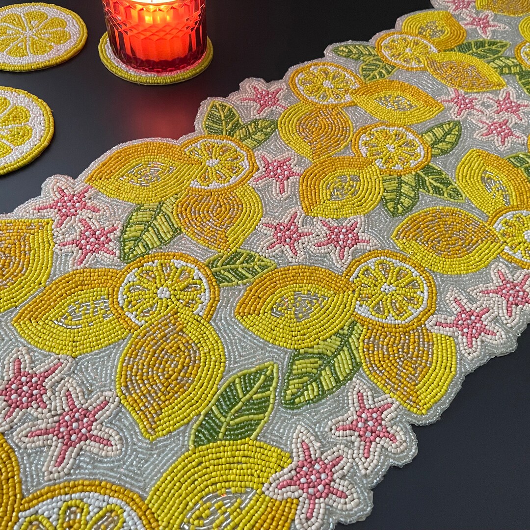 Handmade Table Runner, Lemon and Leaves Beaded Runner Floral ...