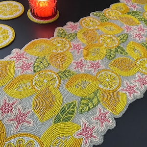Handmade Table Runner, Lemon and Leaves Beaded Runner Floral ...