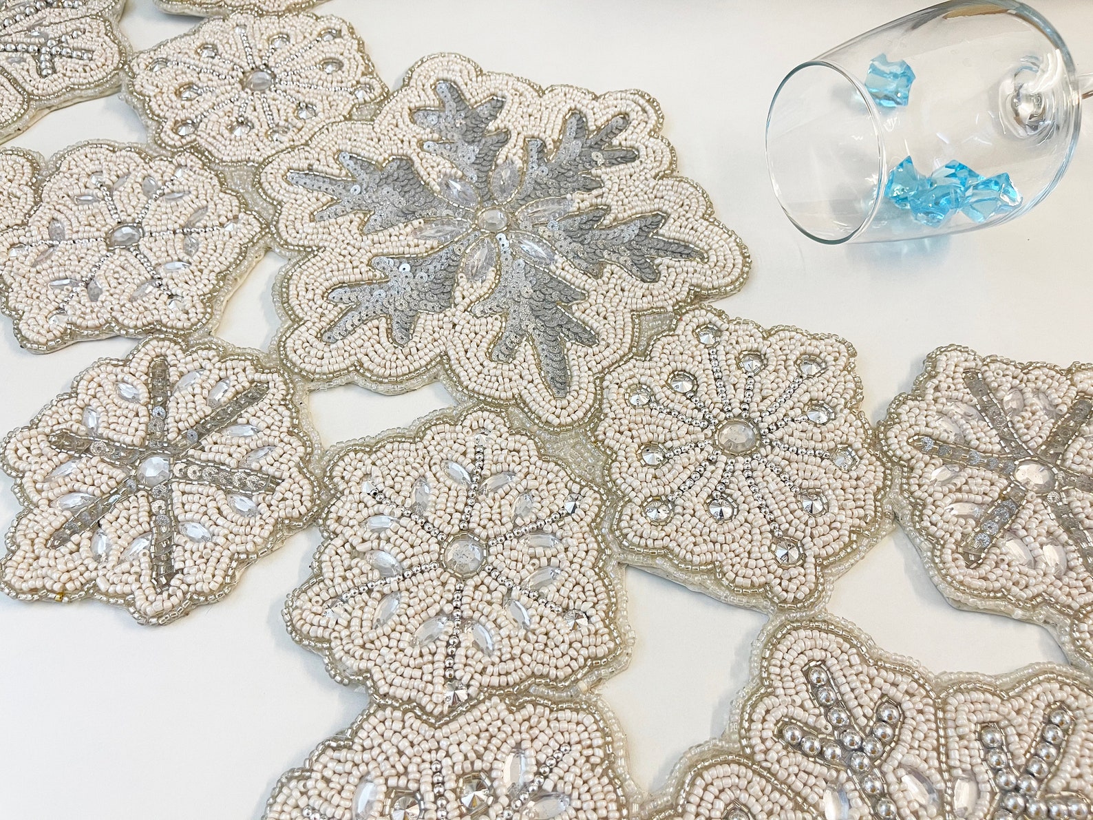 Handmade Bead Table Runner, Christmas Beaded Runner, Snowflakes ...