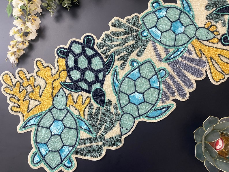 Handmade Bead Table Runner Coastal Ocean Sea Turtle and - Etsy