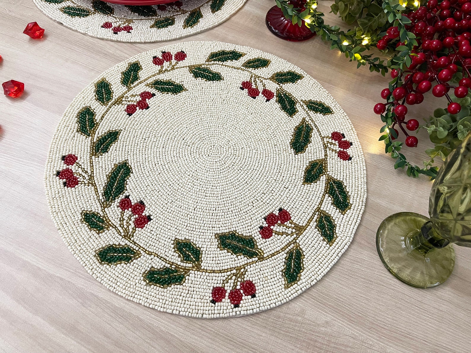 Christmas Special Beaded Placemat, 14 Inch, Gifts, Holly Berry Design ...