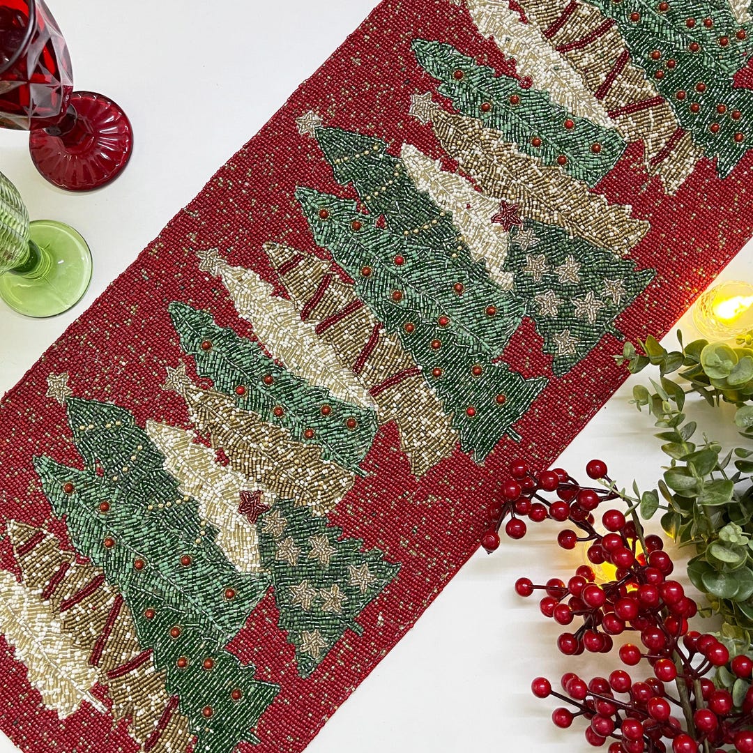 Handmade Christmas Tree Table Runner, Beaded Runner, Red, Green and ...