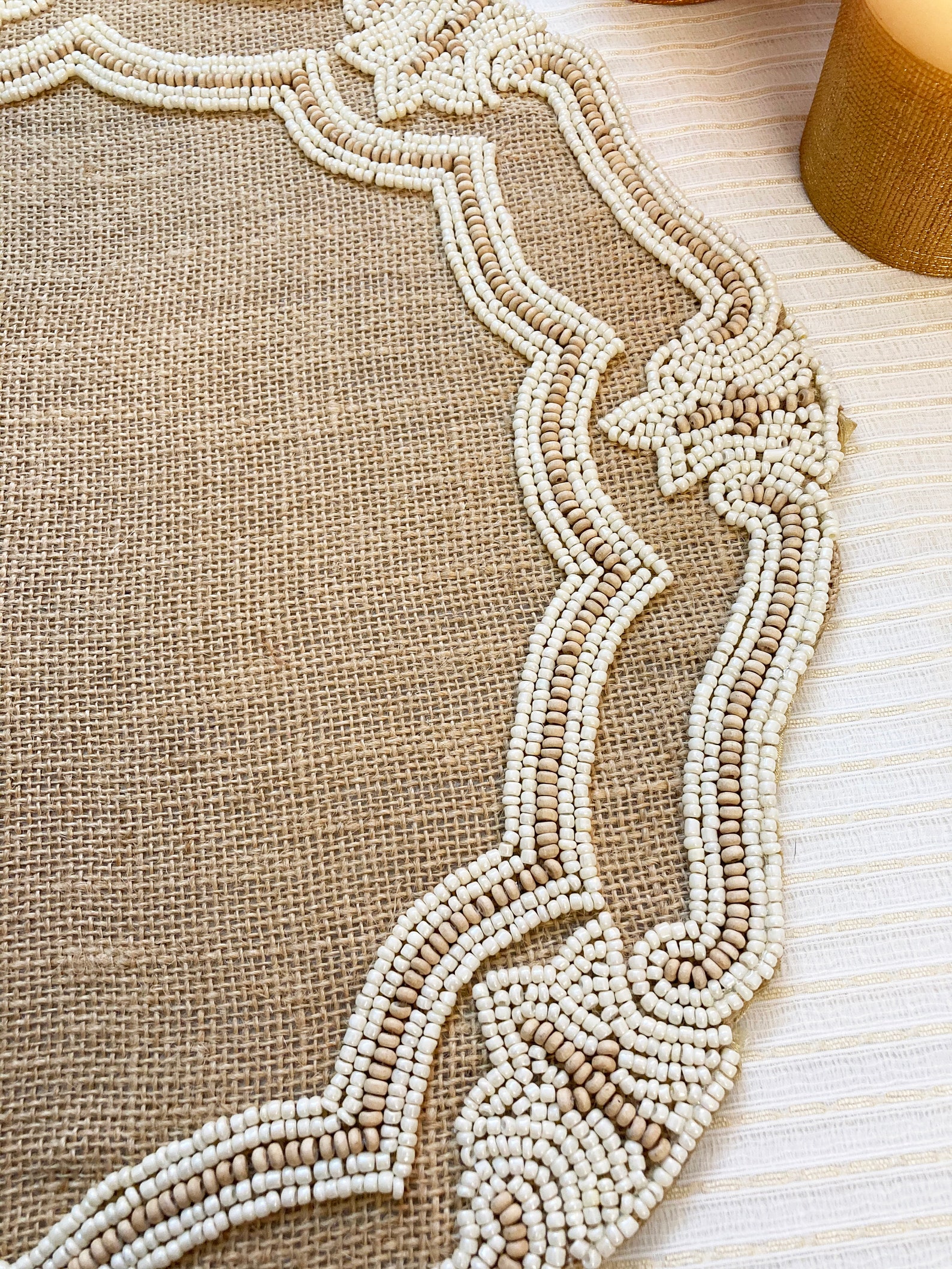 Handmade Beaded Placemat for Dining Table, 14inch, Beads on Jute, Vegan ...