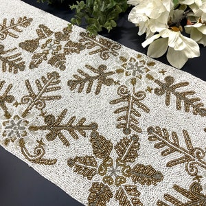 Handmade Bead Table Runner, Christmas Beaded Runner, Snowflakes Gold ...