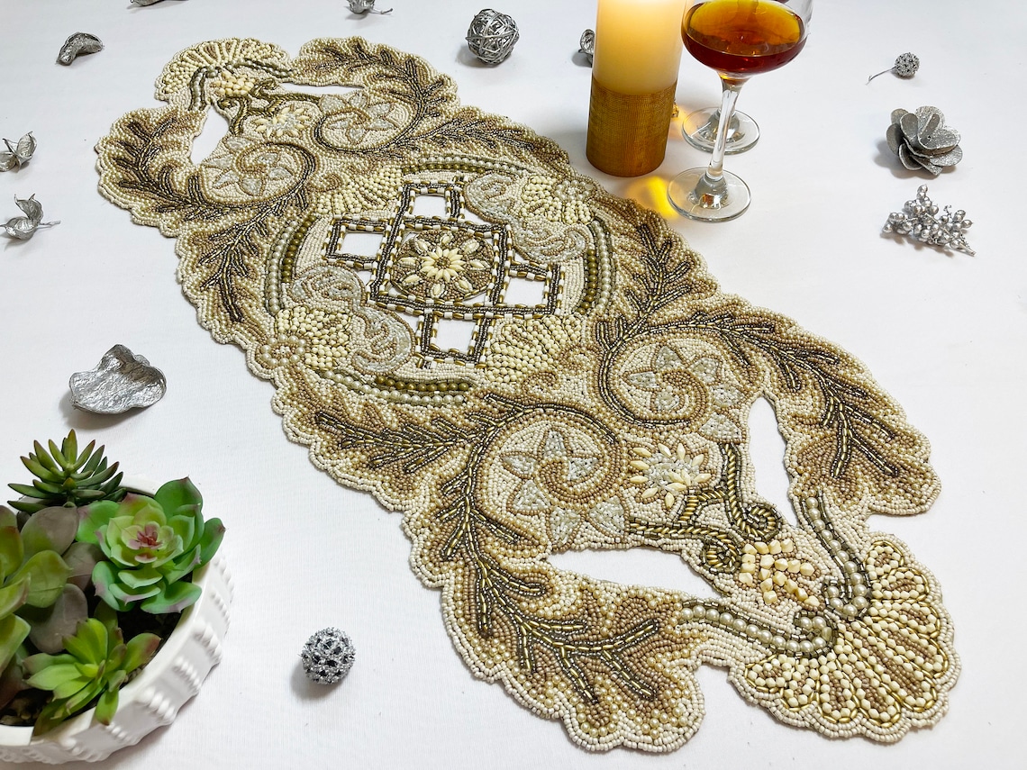Handmade Table Runner Beaded Table Runner Gold & Cream - Etsy