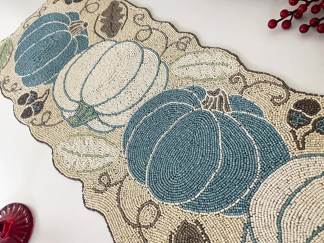 Table Runner Beaded Handmade, Blue White Pumpkin Harvest Runner ...
