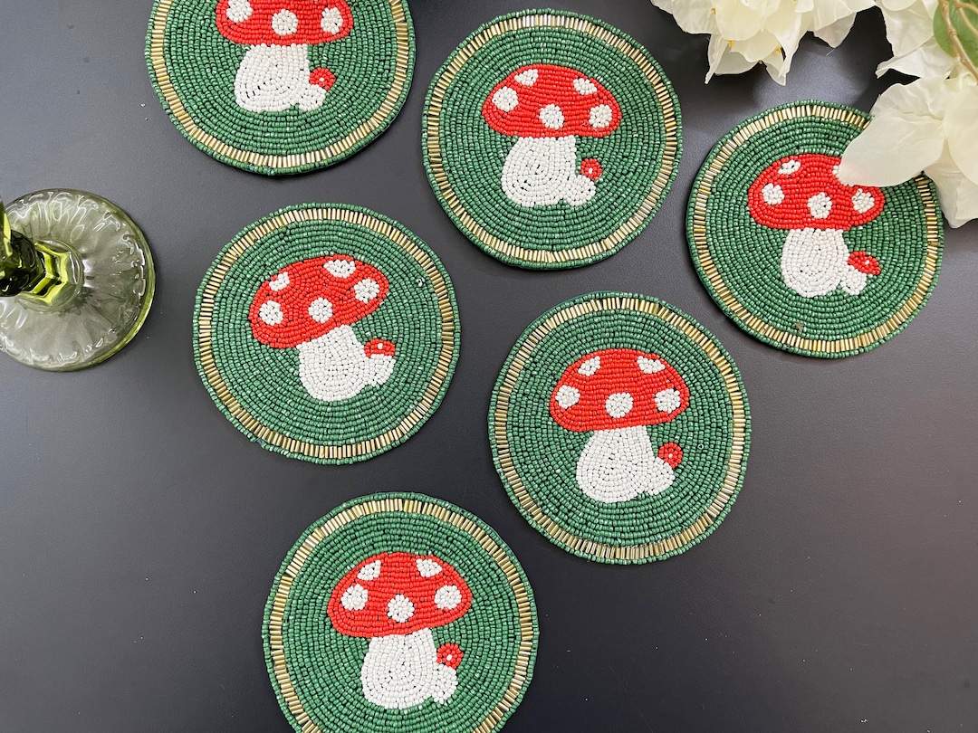 Set of 6 Coasters, Mushroom Design Beaded Drink Coasters, Gift for Her ...
