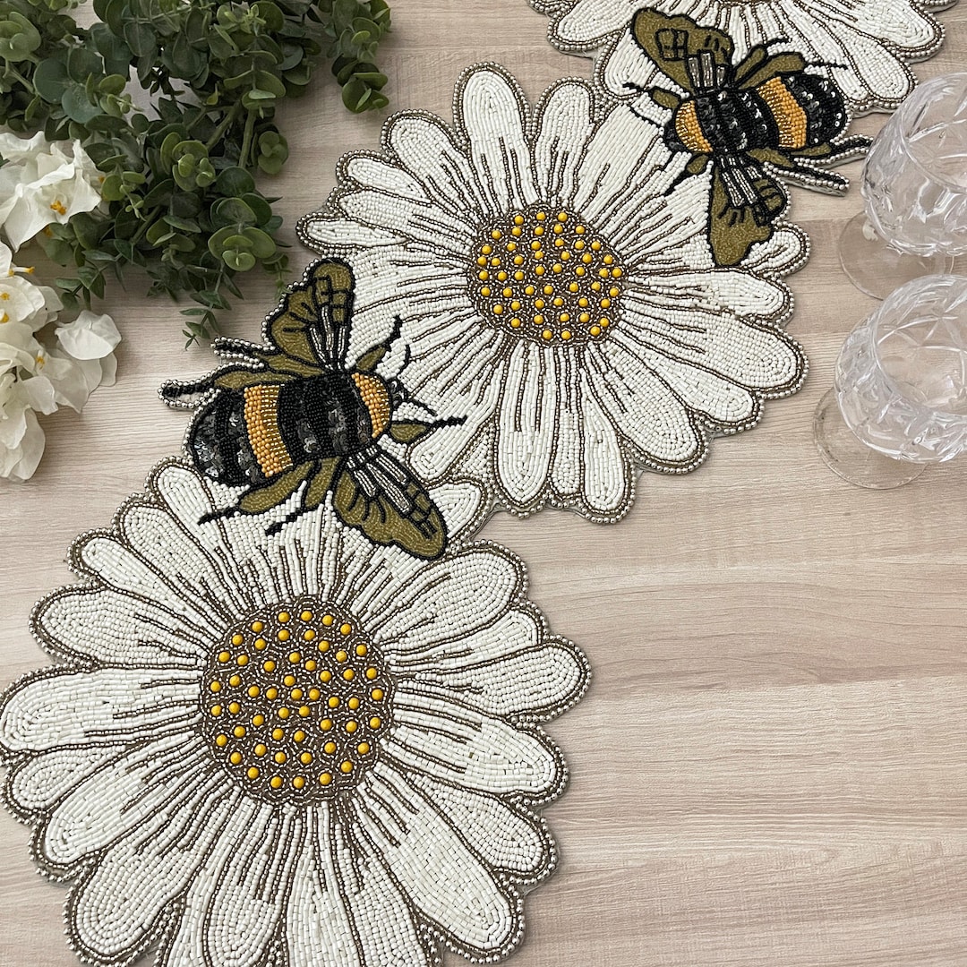 Handmade Bead Table Runner, Bee on the Flower Design Beaded Runner for ...