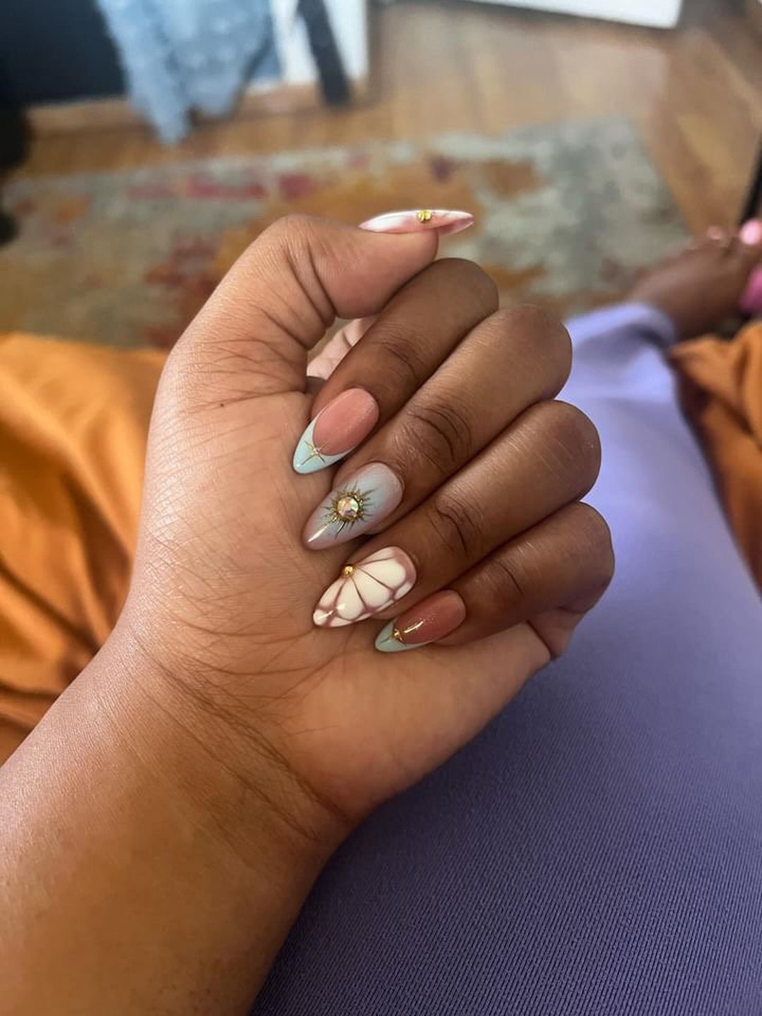 Press on Nails | Baby Blue Trendy Mismatch Nails | Medium Almond ...