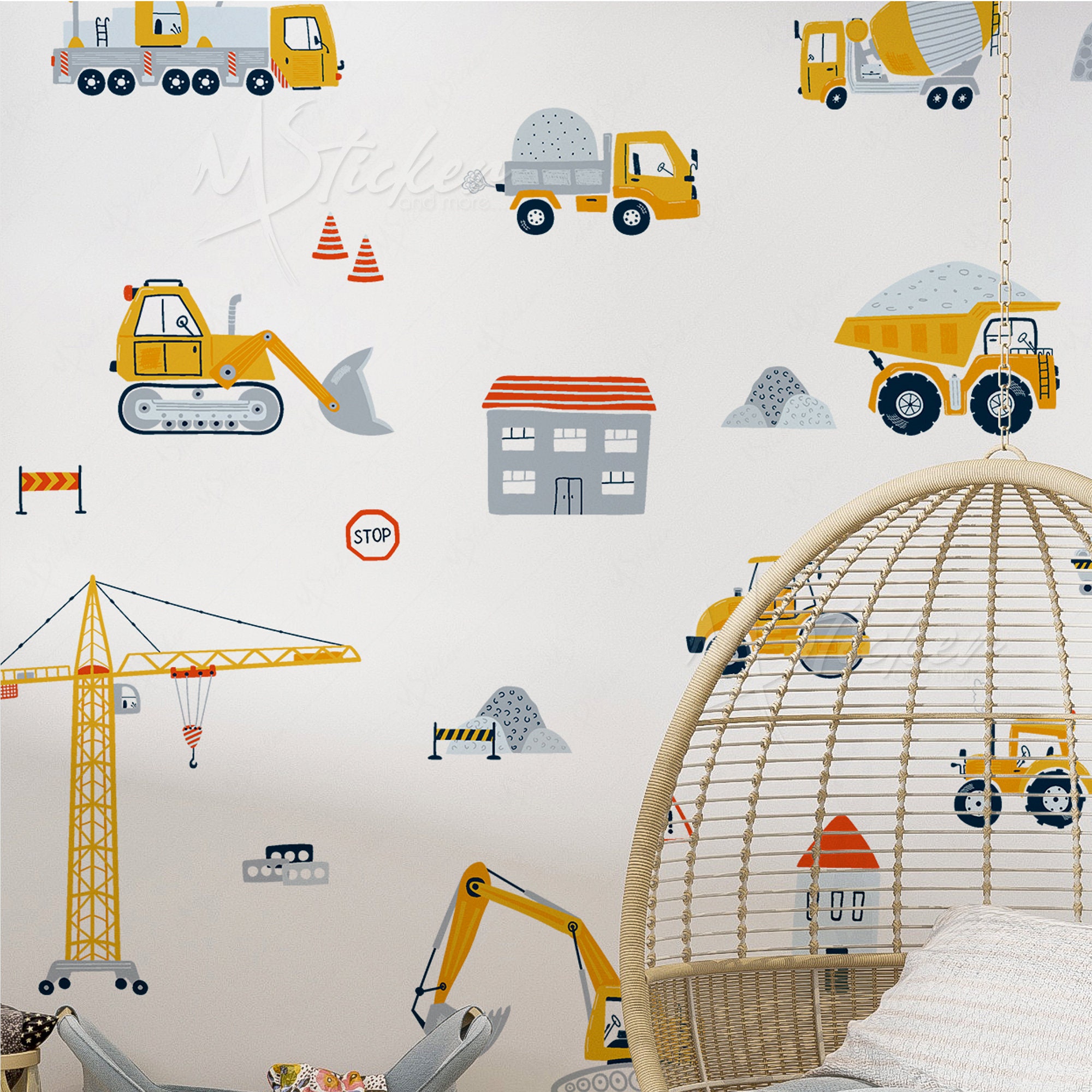 Watercolor Construction Wall Decal Watercolor Vehicles Wall Sticker ...
