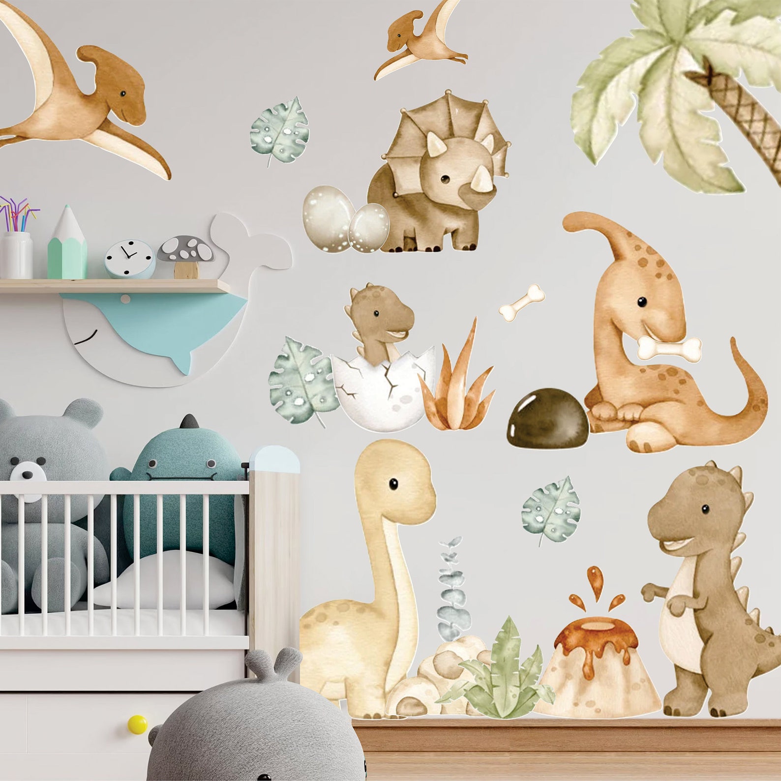 Watercolor Dinosaurs Wall Decal, Neutral Boho Baby Boy Stickers, Dino ...