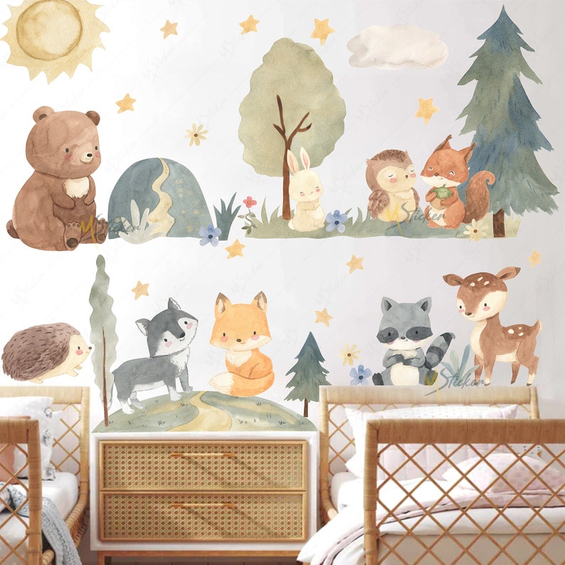 Woodland Animals Watercolor Forest Wall Decal, Forest Animals Wall ...