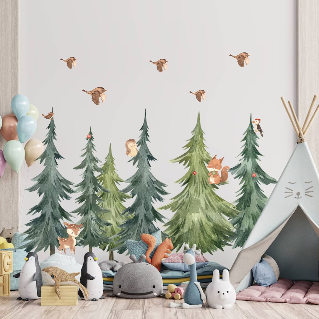 Forest Pine Tree Wall Decal, Watercolor Forest Animals, Nursery Mural ...