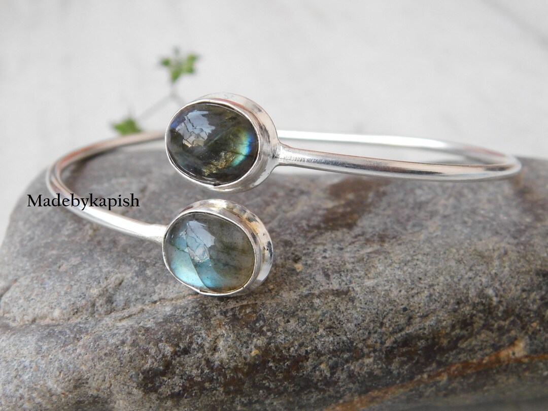 Double Stone Bangle - Labradorite Gemstone Bracelet - Elegant Jewelry ...