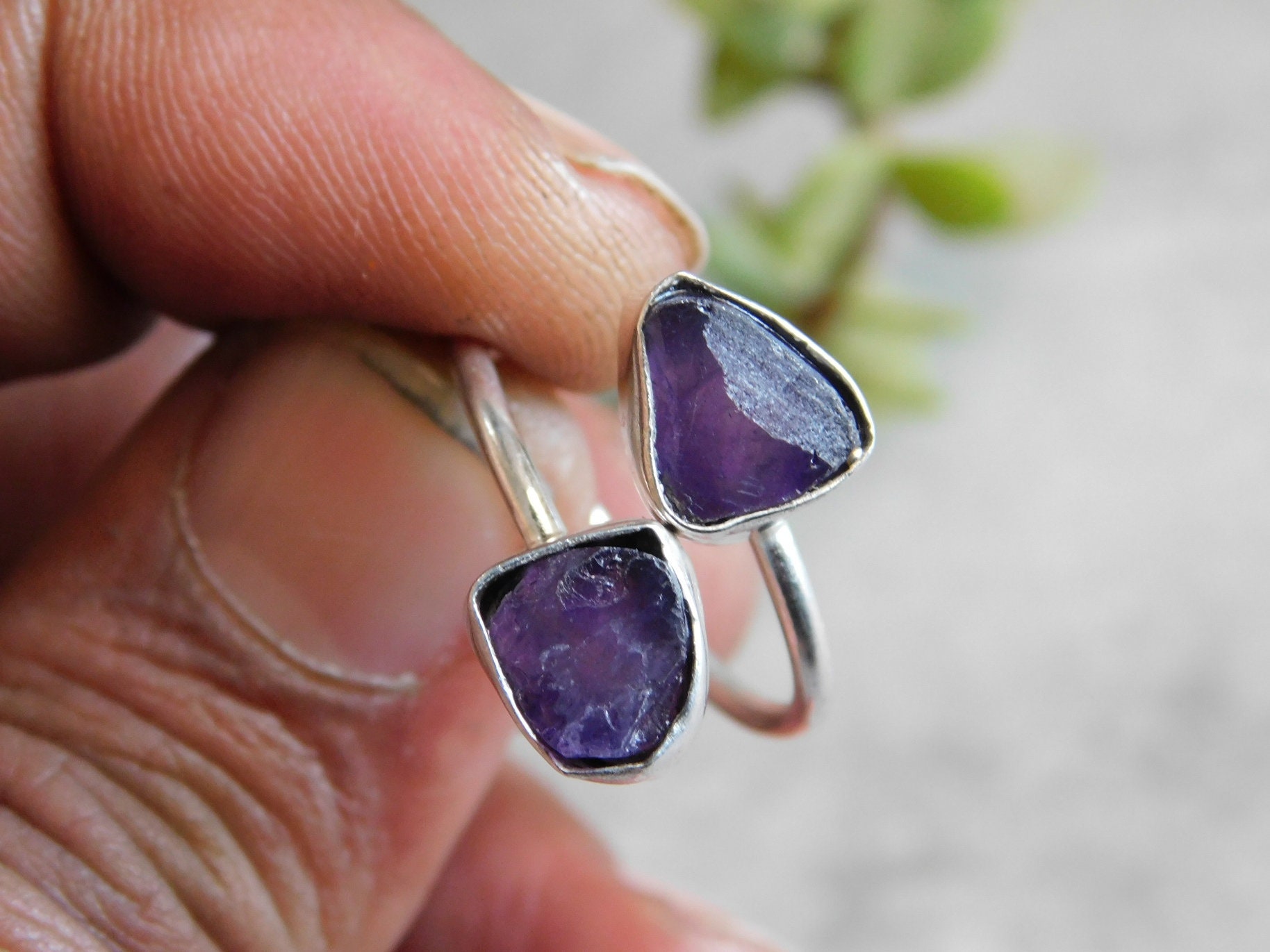 Adjustable Silver Raw Amethyst Ring Raw Gemstone Ring Double | Etsy