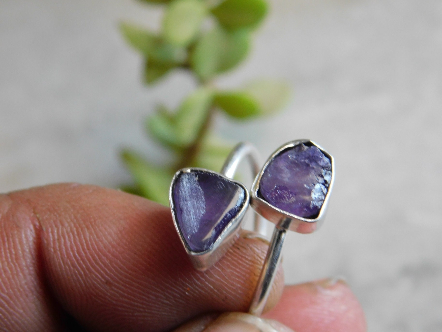 Adjustable Silver Raw Amethyst Ring Raw Gemstone Ring Double | Etsy