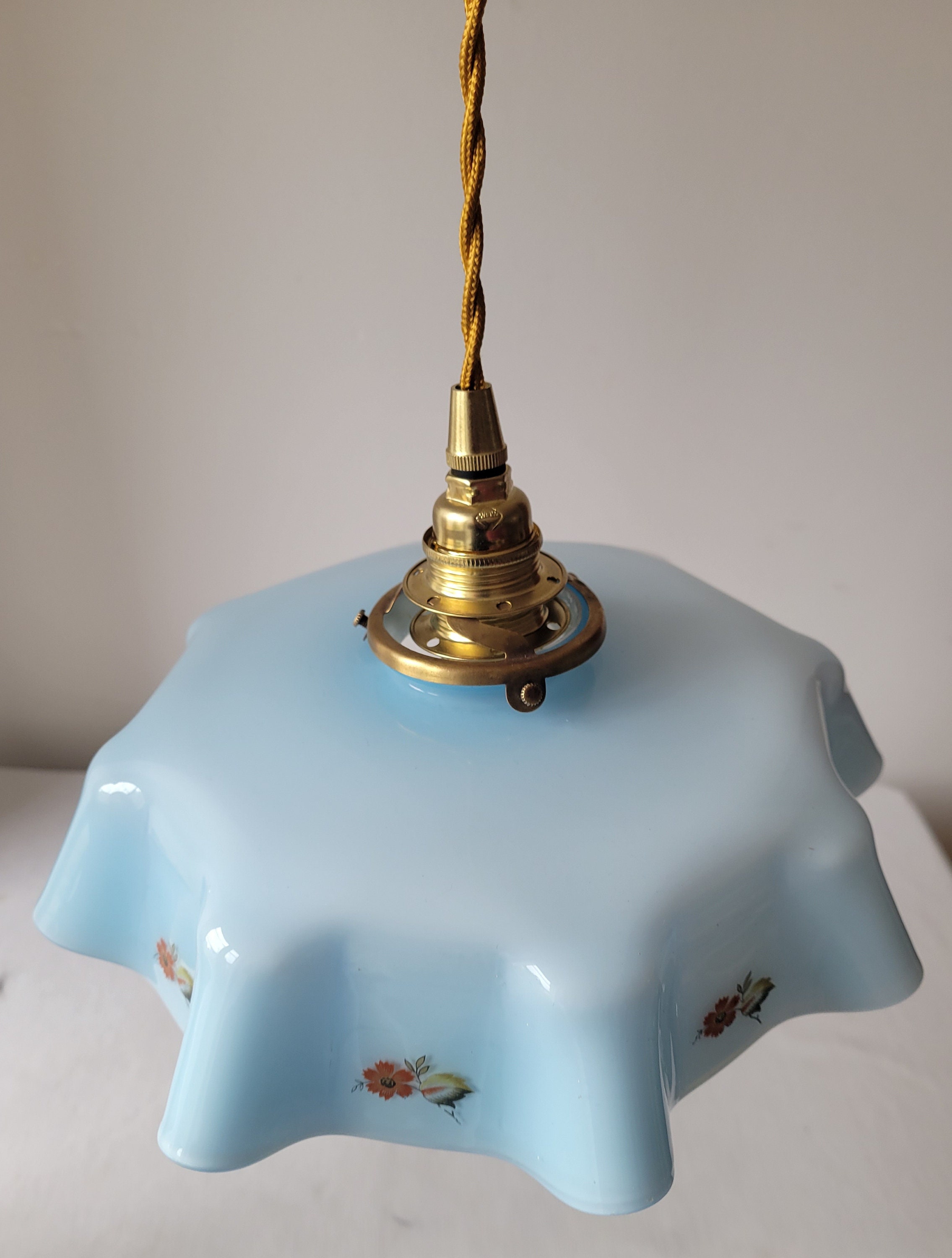 French Art Deco Blue Opaline Glass Ceiling Light Pendant Pending Lamp ...