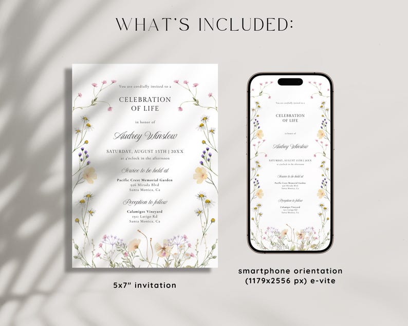 Elegant Floral Celebration of Life Invitation Template, Wildflower ...